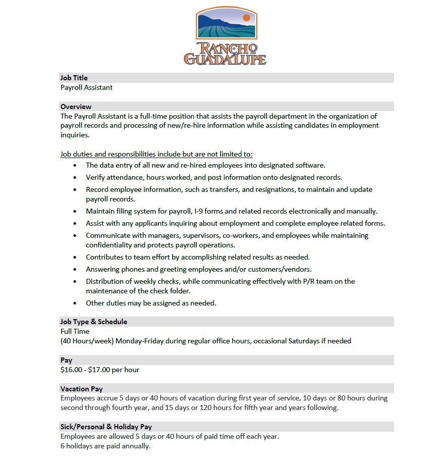 Job: Payroll Assistant | Rancho Guadalupe